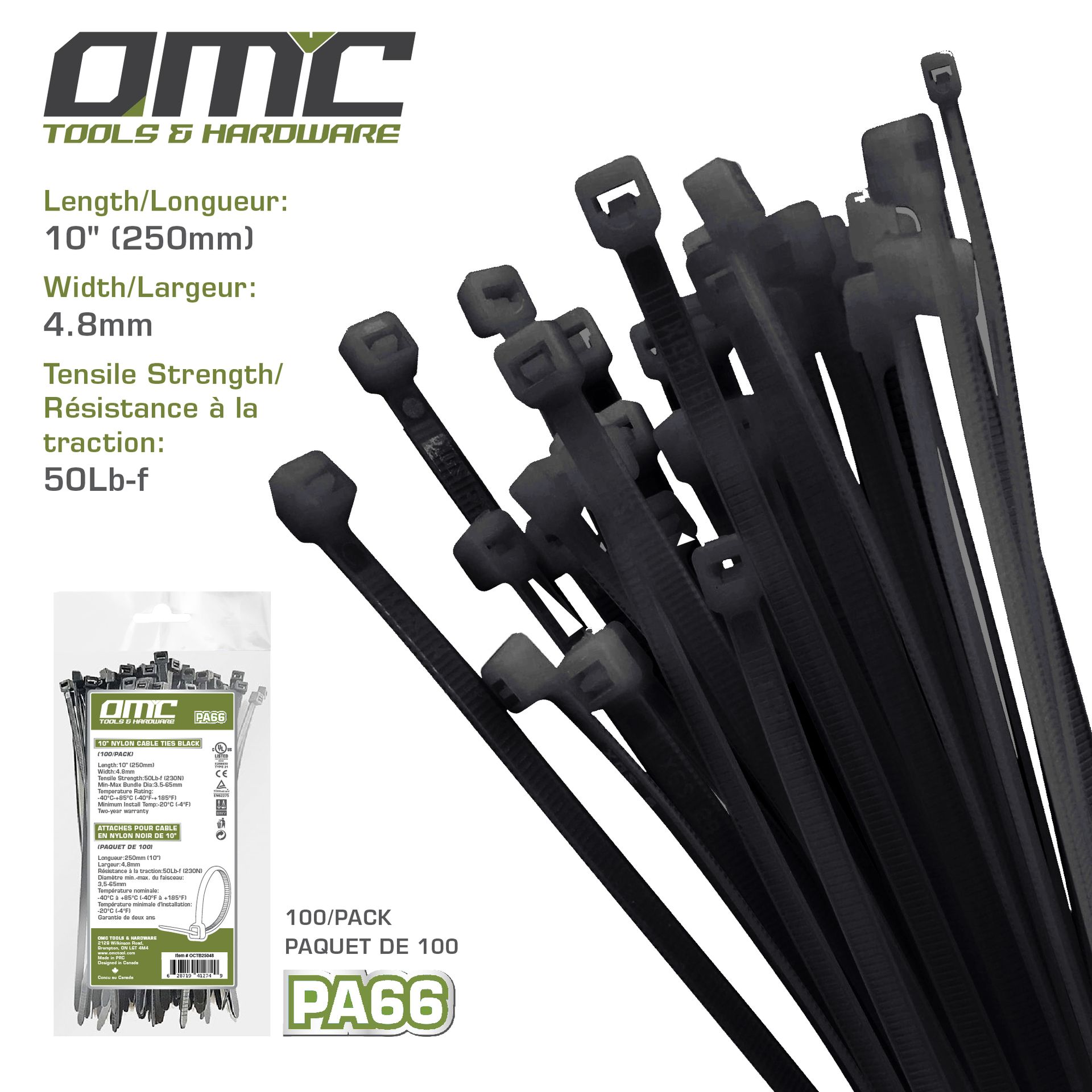 10" Nylon Cable Ties Black (100-Pack) - OMC TOOLS
